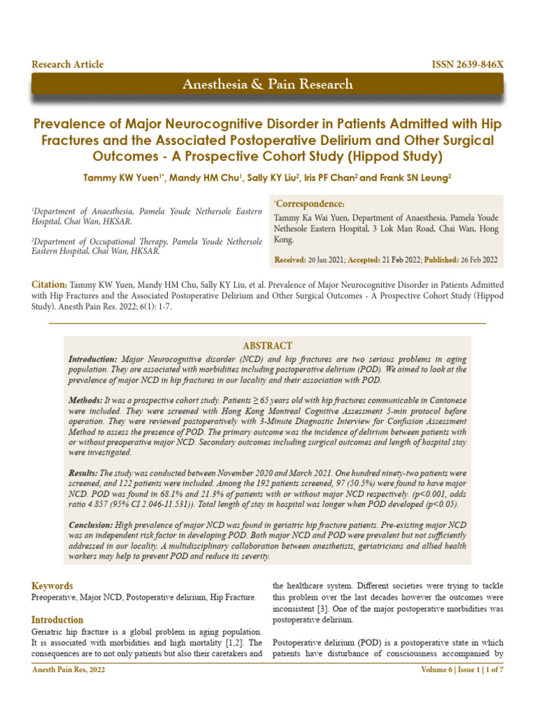 Prevalence of Major Neurocognitive Disorder in Patients Admitted With ...