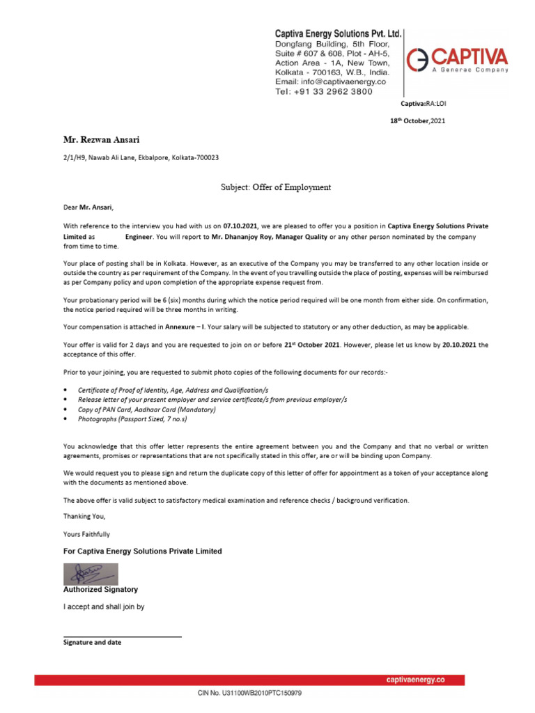 Captiva Offer Letter | PDF | Government And Personhood
