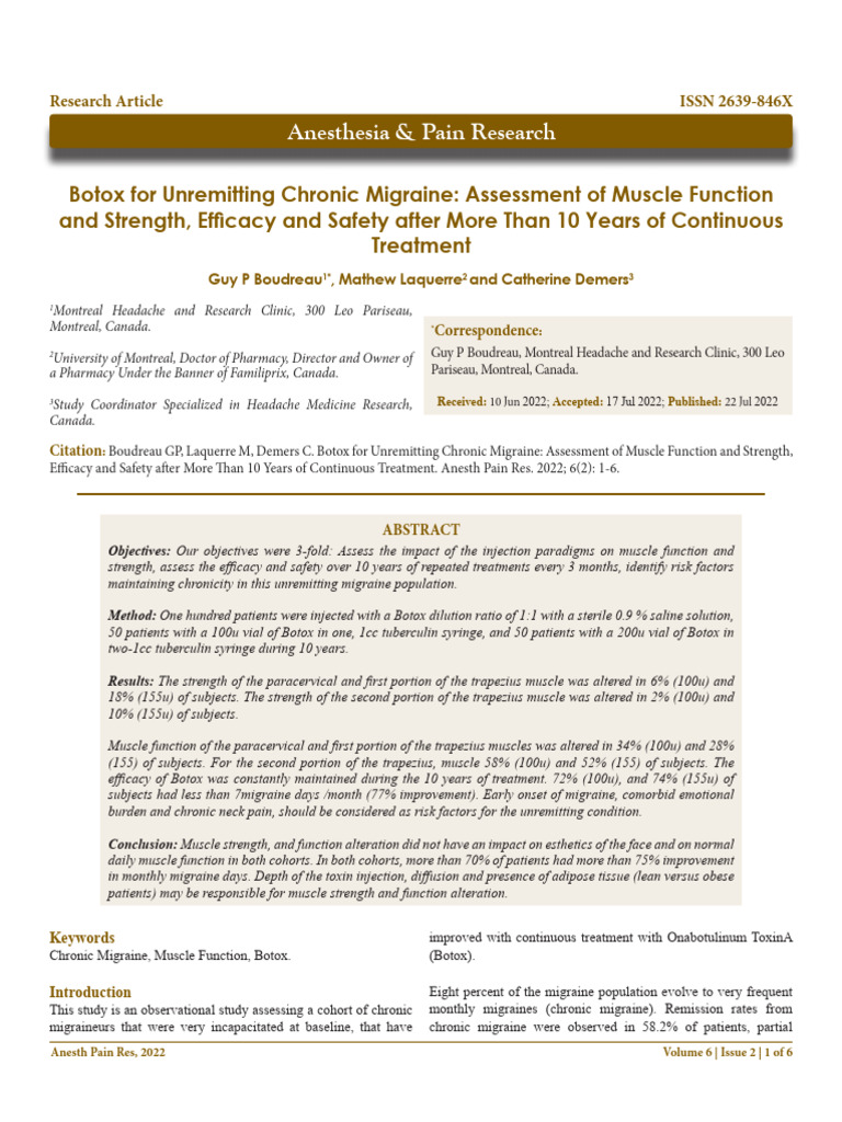 Botox For Unremitting Chronic Migraine Assessment of Muscle Function ...