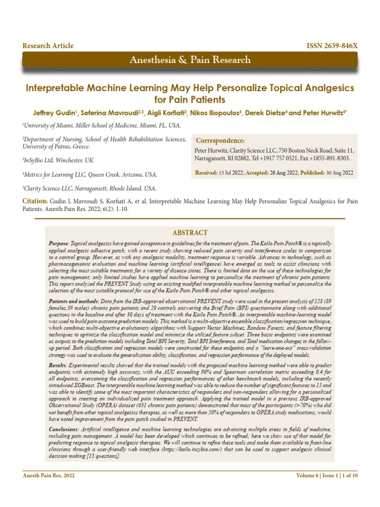 Interpretable Machine Learning May Help Personalize Topical Analgesics ...