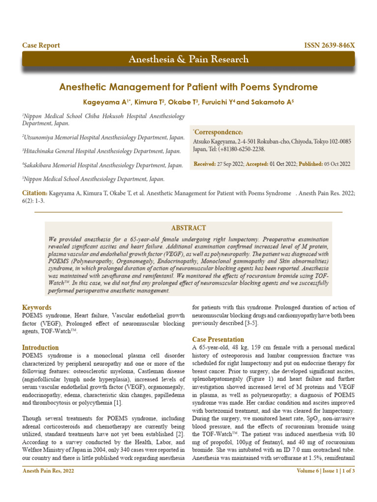 Anesthesia in POEMS Syndrome | PDF | Medical Specialties | Clinical ...
