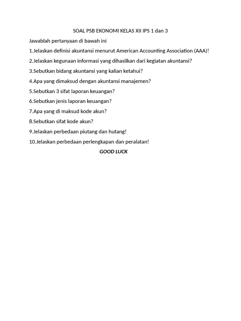Soal PSB Ekonomi Kelas Xii Ips 1 Dan 3 | PDF | Pengelolaan Keuangan & Uang