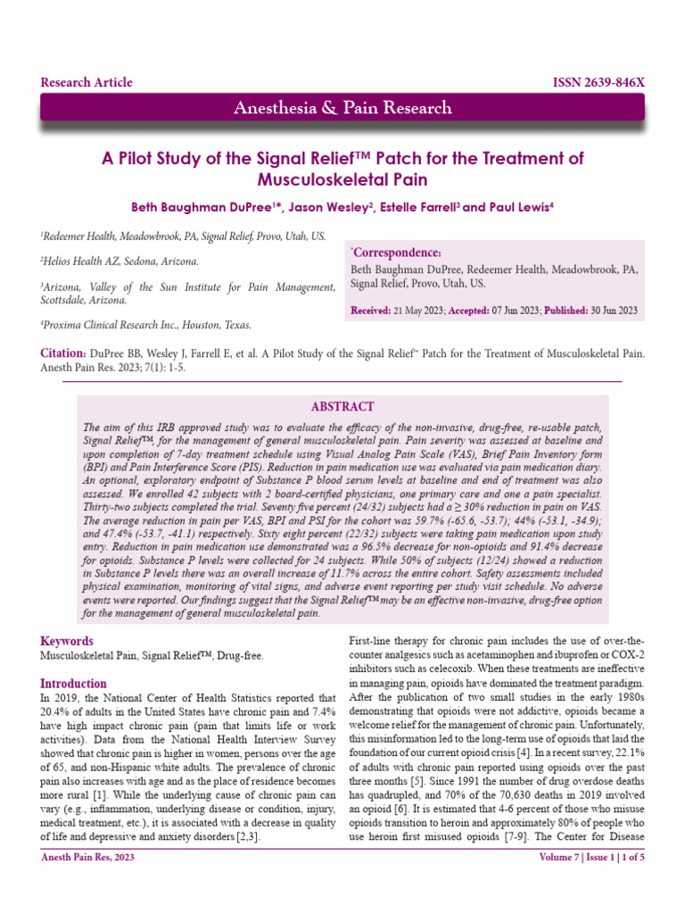 A Pilot Study of The Signal Relieftm Patch For The Treatment of ...