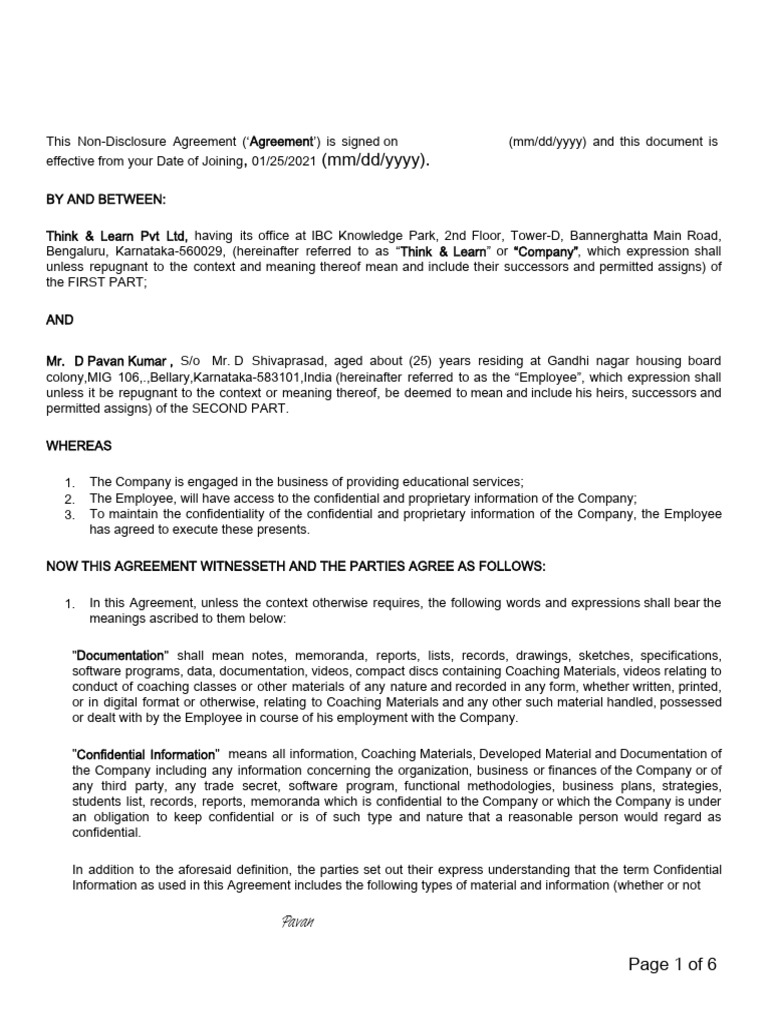 TNL21854100 - D Pavan Kumar - Byjus NDA & Appointment Letter - 25th ...