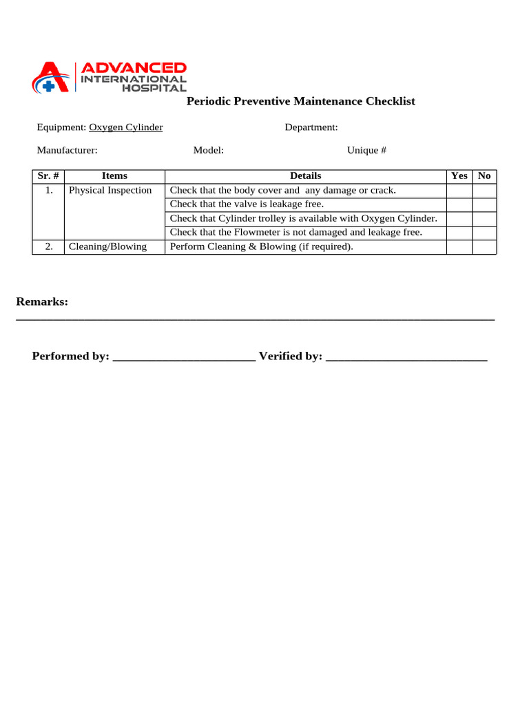 Oxygen Cylinder PPM Checklist | PDF | Technology & Engineering