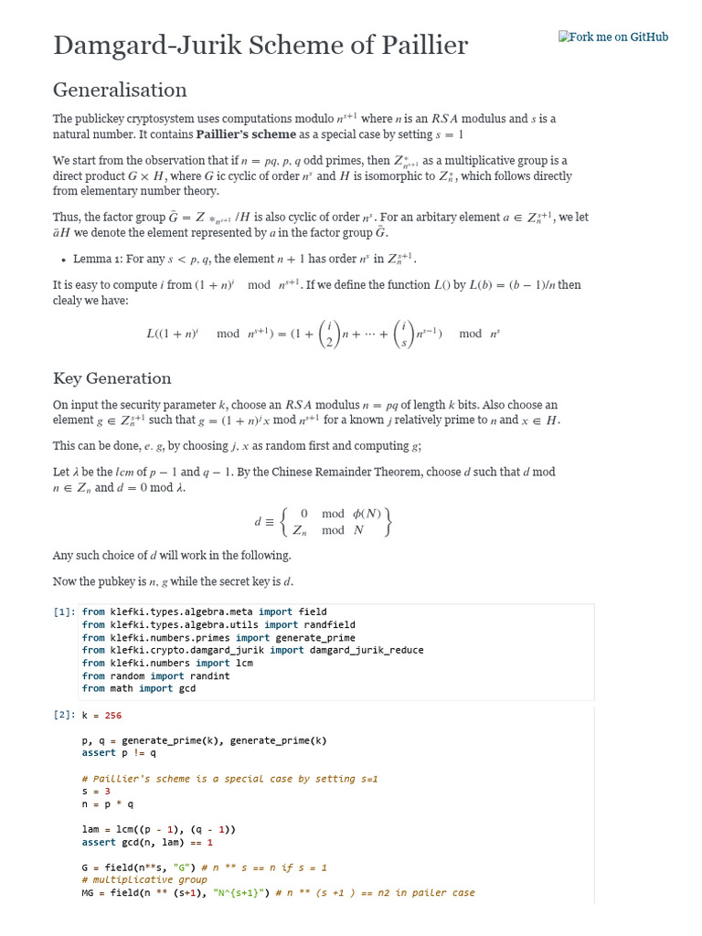 Damgard-Jurik Scheme of Paillier - Klefki 1.7 Documentation | PDF | Encryption | Field (Mathematics)