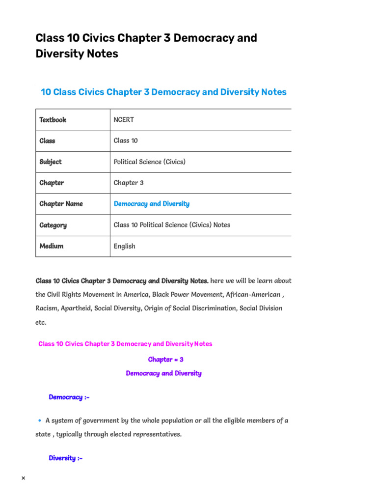 Class 10 Civics Chapter 3 Democracy and Diversity Notes | PDF ...