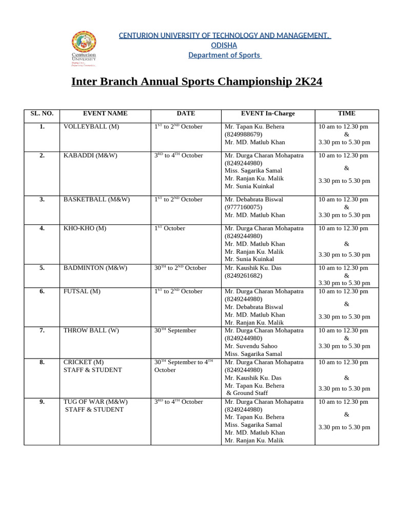 Inter Branch Annual Sports Championship 2k24 | PDF | Sports