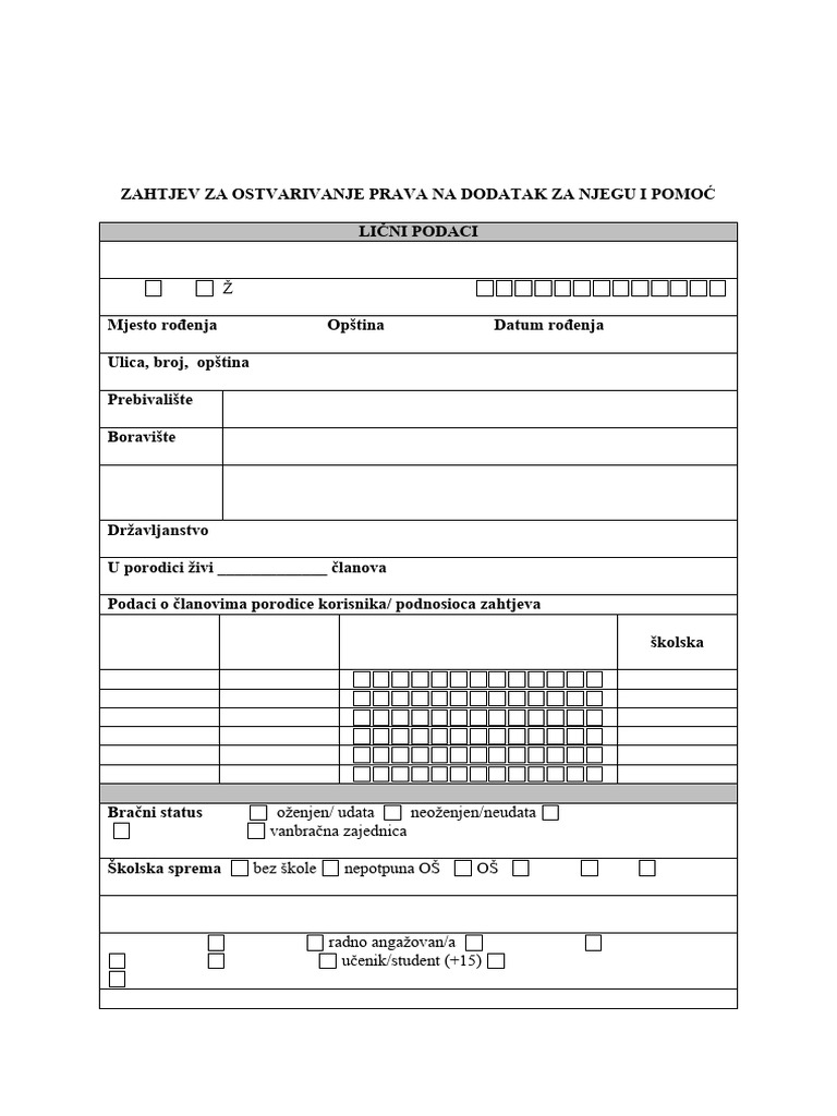 Zahtjev Za Ostvarivanje Prava Na Dodatak Za Njegu I Pomoć | PDF