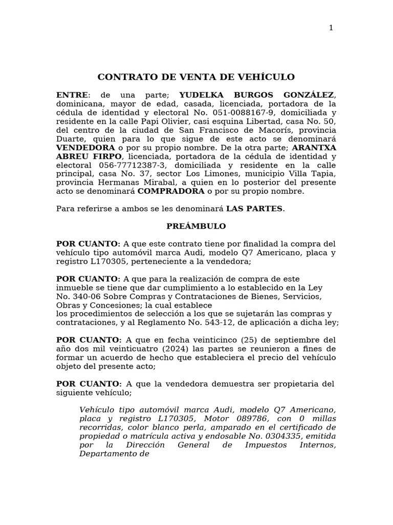 Contrato de Venta Audi Q7 Dominicana | PDF | Propiedad | República ...