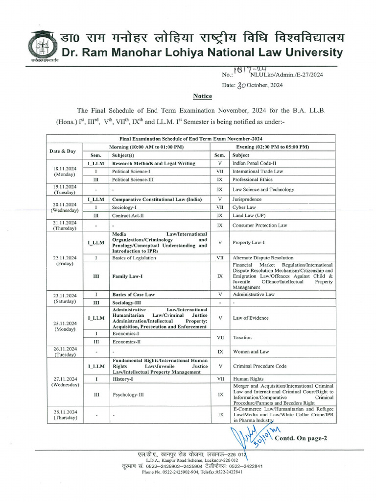 Final Exam Schedule of ET Exam Nov. 24 | PDF