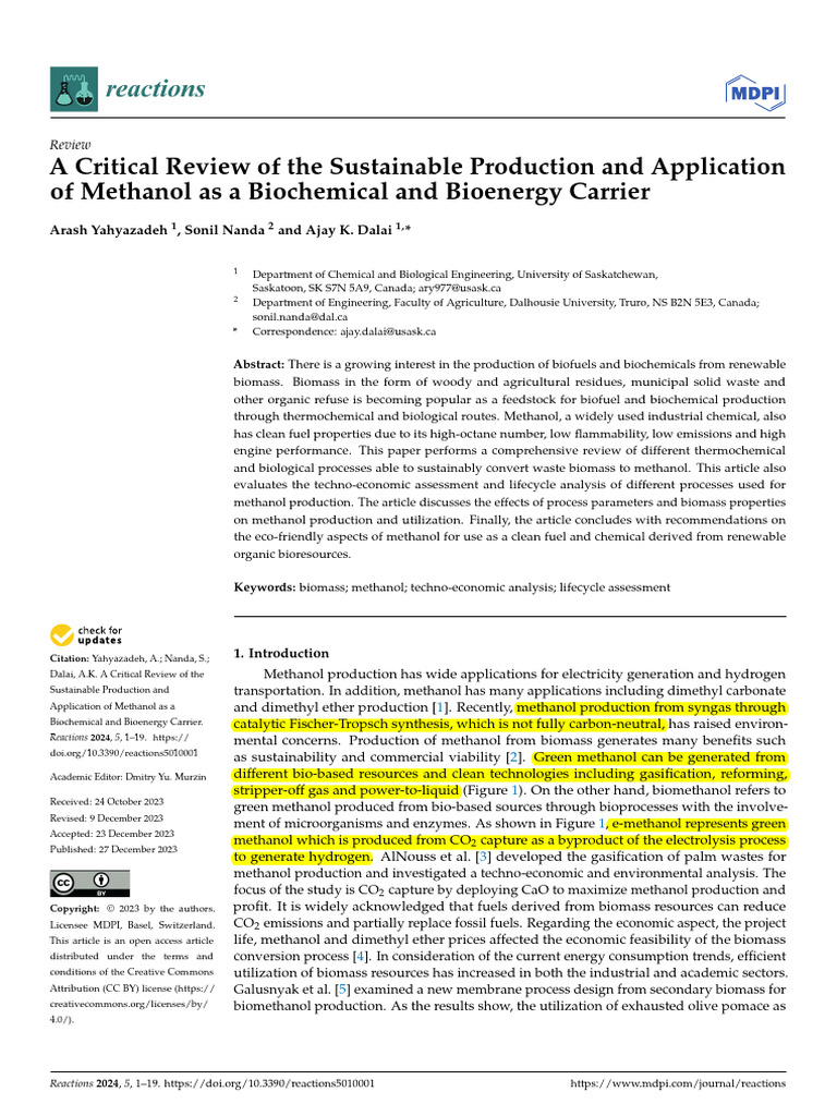 Review of The Sustainable Production and Application of Methanol | PDF | Biofuel | Methanol