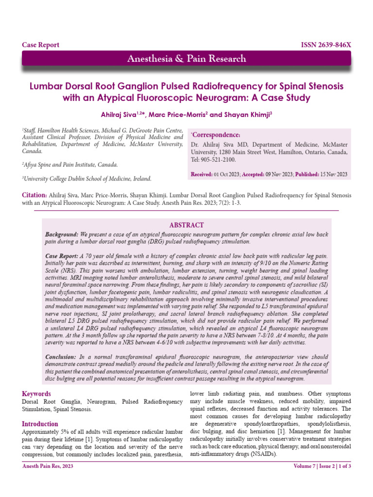 Lumbar Dorsal Root Ganglion Pulsed Radiofrequency For Spinal Stenosis ...