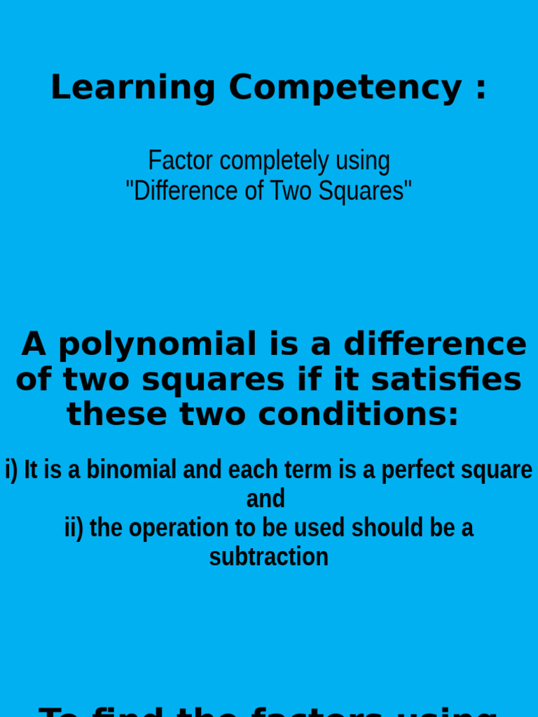 Factoring Using Difference of Two Squares | PDF