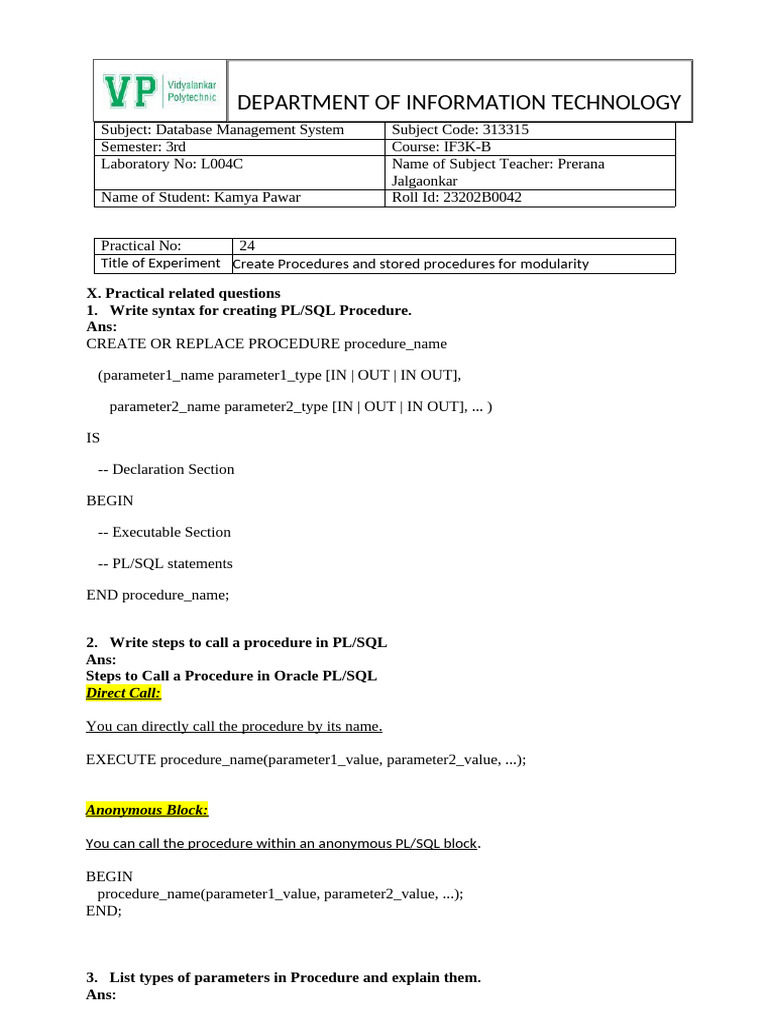 PL/SQL Procedures and Functions Guide | PDF | Pl/Sql | Sql
