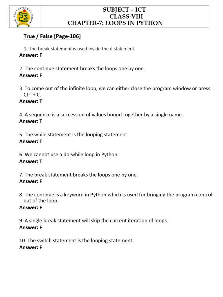 Python Loops Quiz for Class VIII | PDF