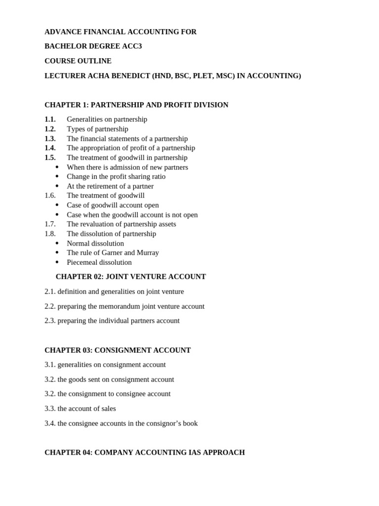 Advance Financial Account Course Outline | PDF | Partnership | Goodwill ...