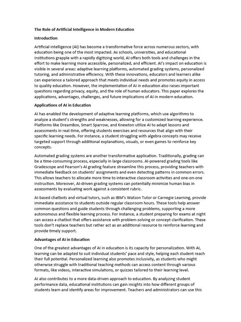The Role of Artificial Intelligence in Modern Education | PDF ...