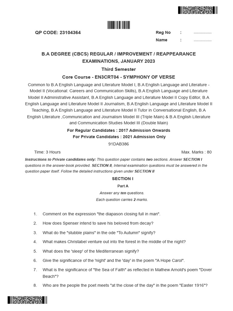 QP CODE: 23104364: Reg No: Name | PDF | Poetry