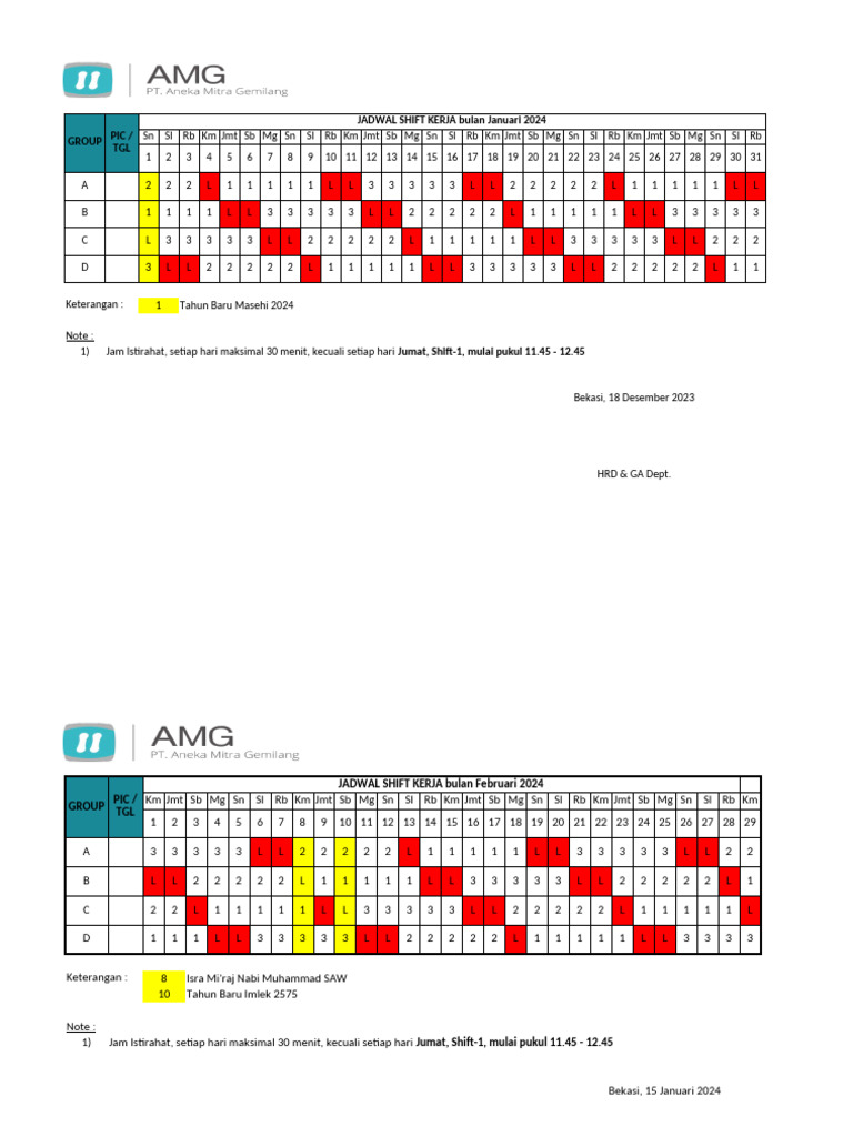 Jadwal Shift Kerja 2024 Gajah Tunggal | PDF