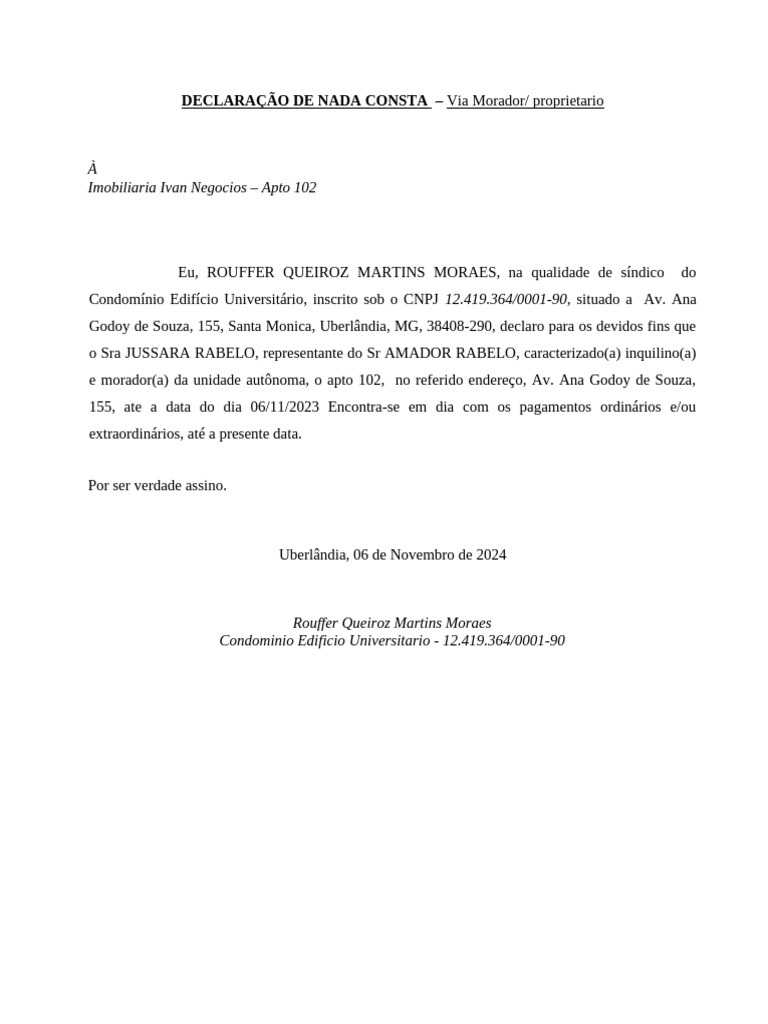 Declaração de Nada Consta Jussara Rabelo | PDF | Direito