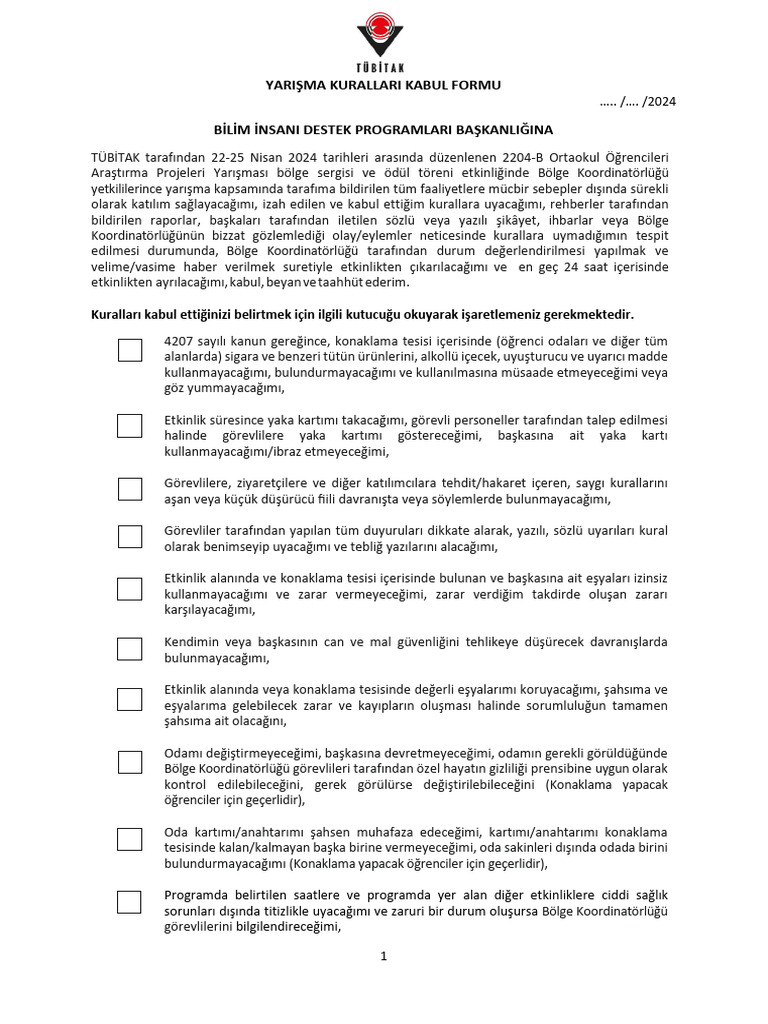 Ek3 Yarisma Kurallari Kabul Formu Bolge Ortaokul 2024 | PDF