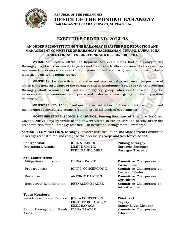 EXECUTIVE-ORDER-NO-03-bdrrmc (1) STA CLARA | PDF | Disaster Risk ...