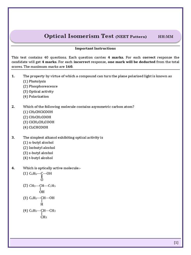 Optical Isomerism Exercise | PDF | Chirality (Chemistry) | Isomer