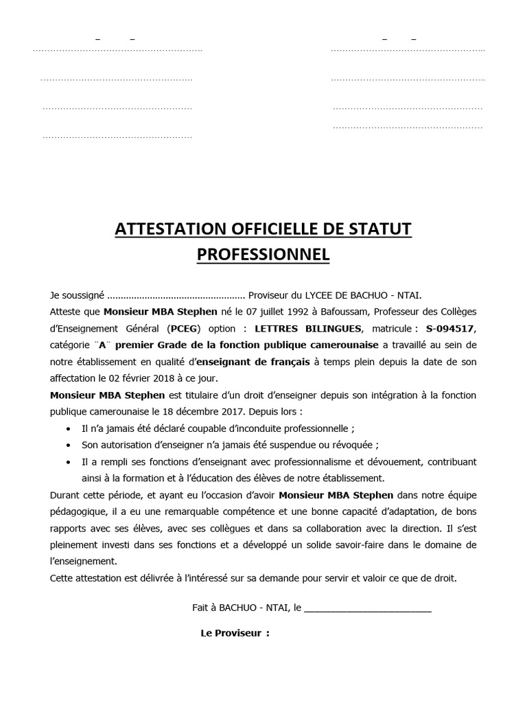 Attestation de statut professionnel | PDF | Enseignants