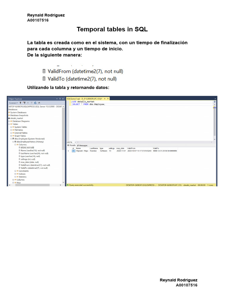 Consulta de Datos en Tablas Temporales - Reynald - A00107516 | PDF
