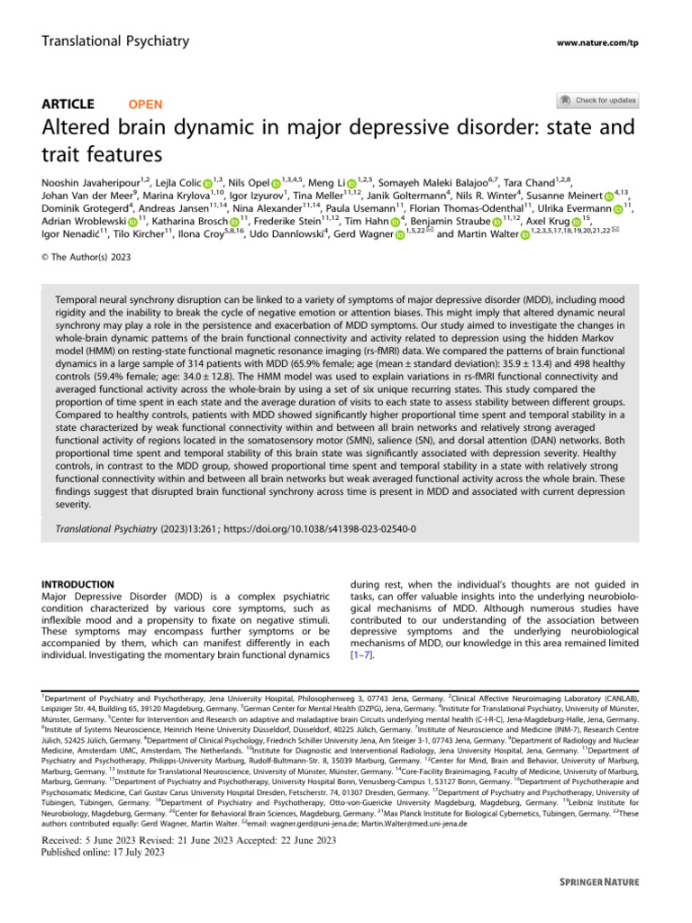 Nature Altered Brain Dynamic in Major Depressive Disorder State and ...
