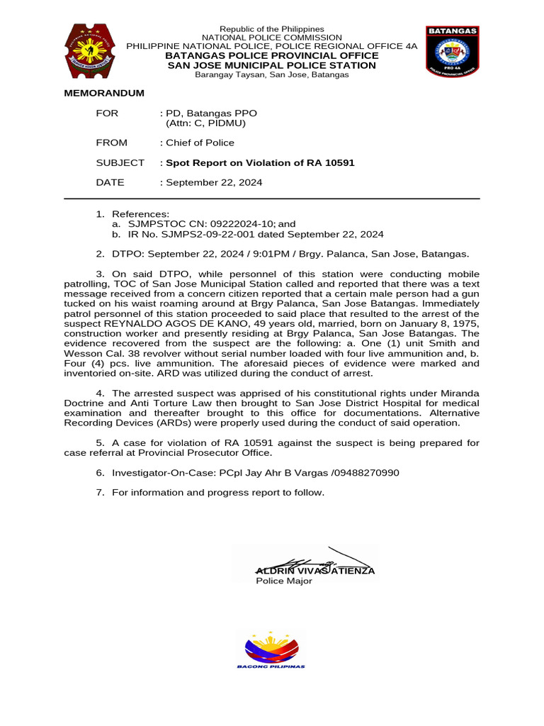 Spot Report On RA 10591 | PDF | Legal Action | Crime & Violence