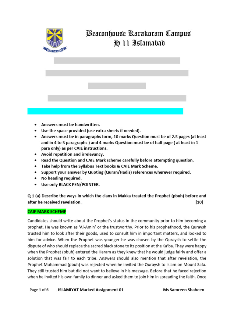 Ix C BKC Islamiyat Marked Assignment 01 | PDF | Muhammad | Banu Hashim