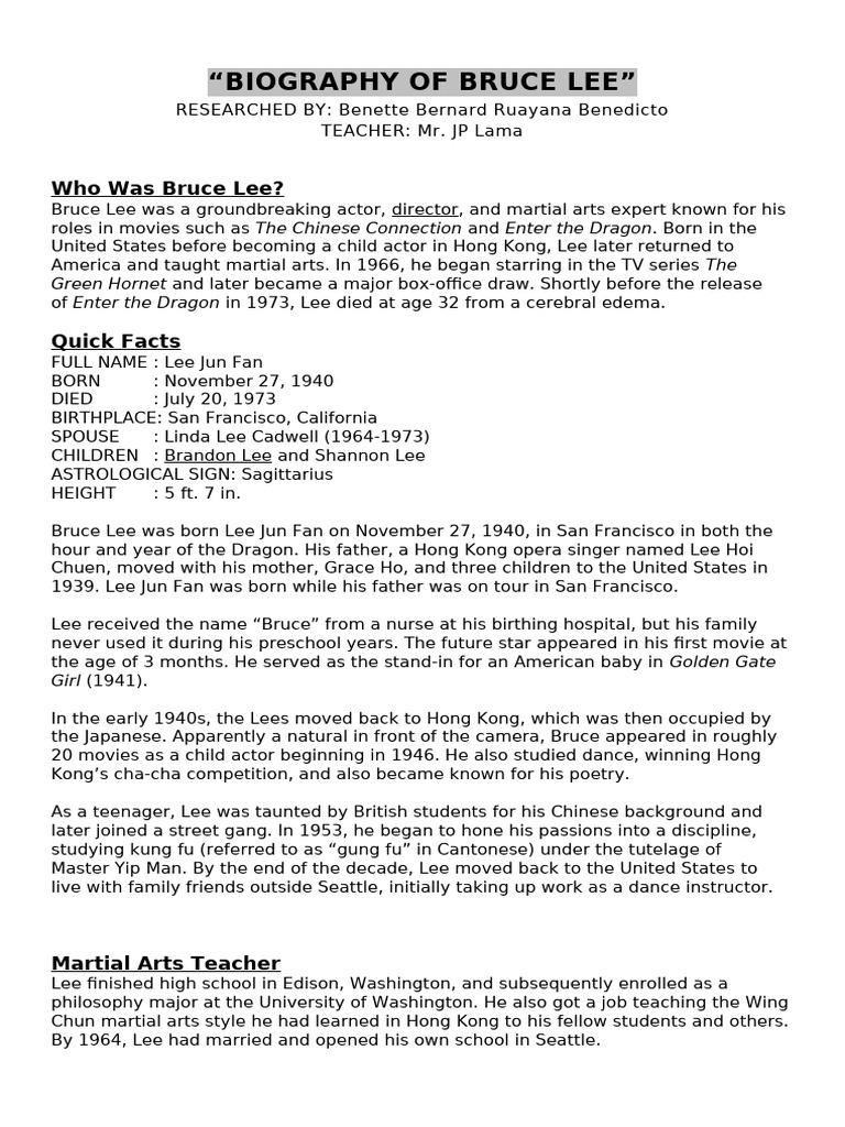 Bruce Lee: Biography and Legacy | PDF | Bruce Lee | Jeet Kune Do