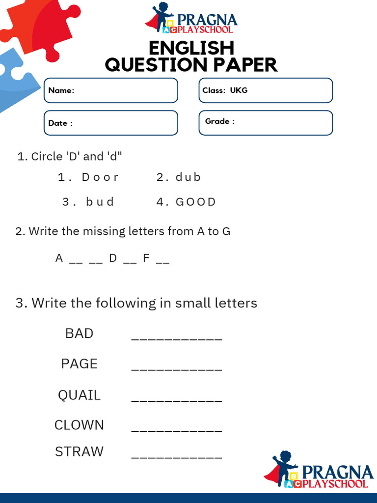UKG English Question Paper for Kids | PDF | Language Arts & Discipline