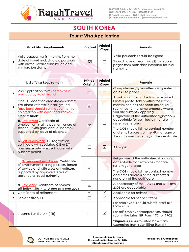 KOREA - Tourist Visa Requirements 092624 | PDF | Travel Visa | Credit Card