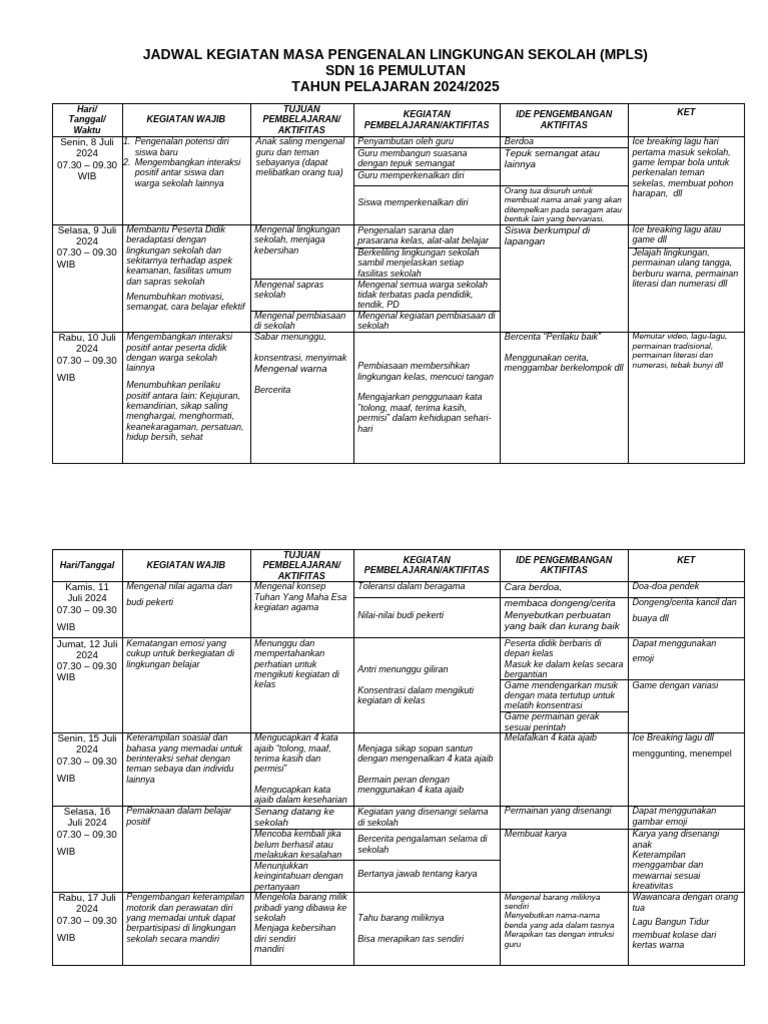 Jadwal Kegiatan MPLS 2024 Versi 2 | PDF