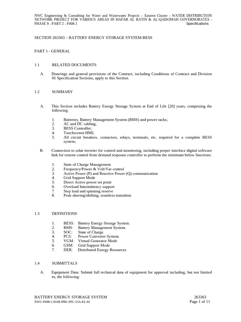 BESS Specifications for Water Projects | PDF | Electromagnetic ...
