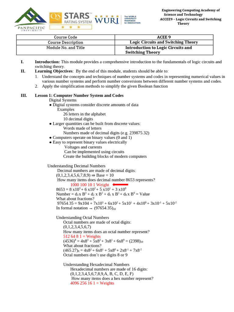 Module 1 Introduction To Logic Circuits And Switching Theory Pdf Mathematics Arithmetic