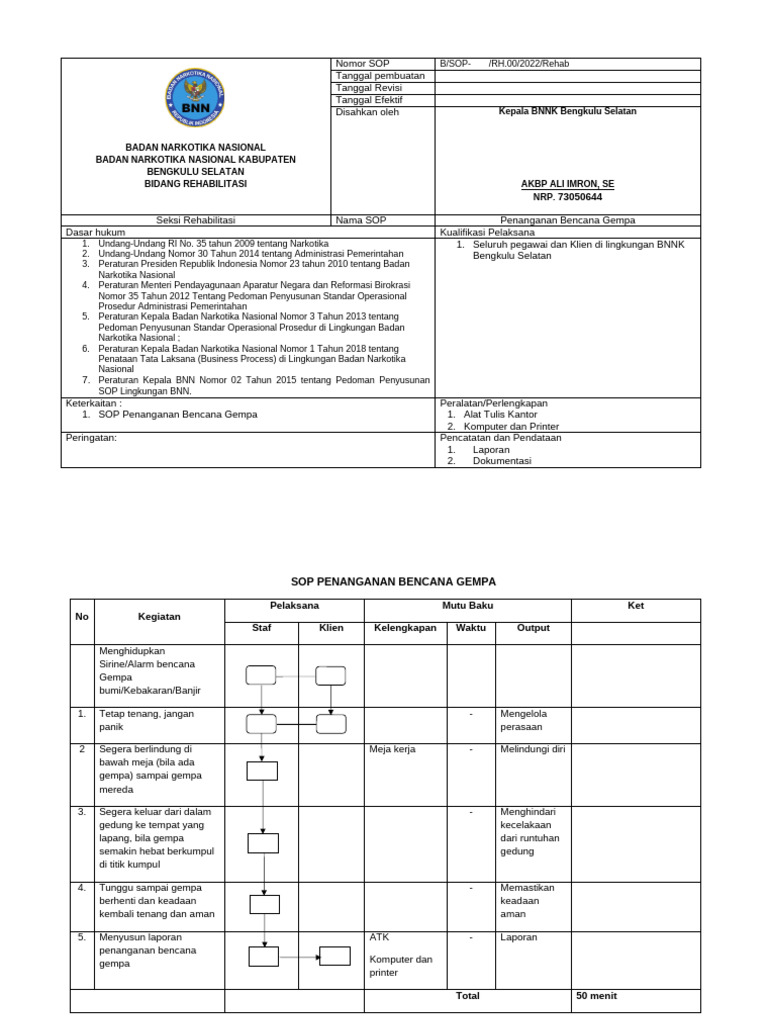 Sop Penanganan Bencana Gempa (Rajal) BNNK | PDF