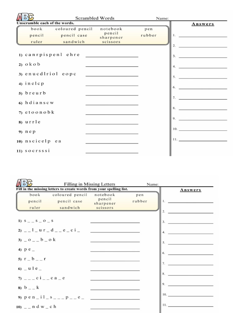 gg1 Classroom Objects Tests - Anagram, Missing Letters, WS, Correct ...