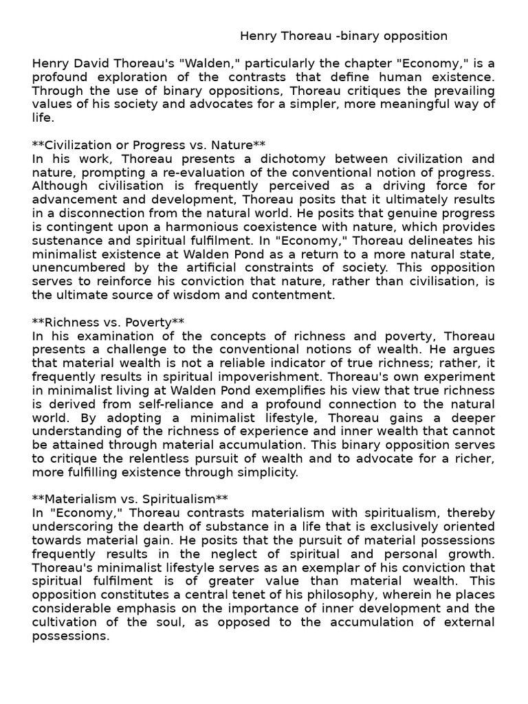 Binary Opposition Henry Thoreau | PDF | Walden | Henry David Thoreau