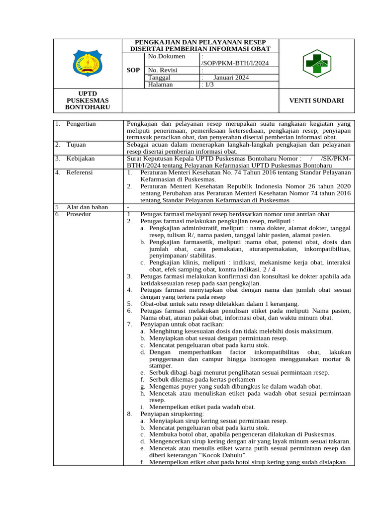 Sop Pengkajian Dan Pelayanan Resep Disertai Pemberian Informasi Obat 2023-1 | PDF | Pengembangan ...
