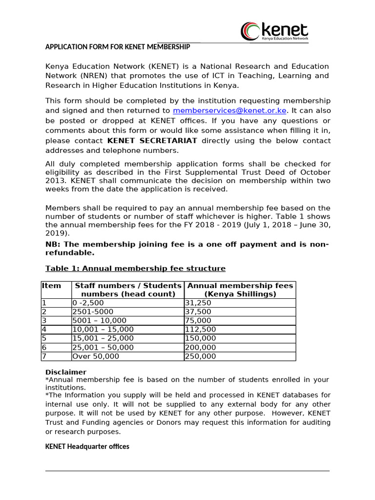 Kenet Membership Application Form 1 | PDF | Internet | Telecommunications
