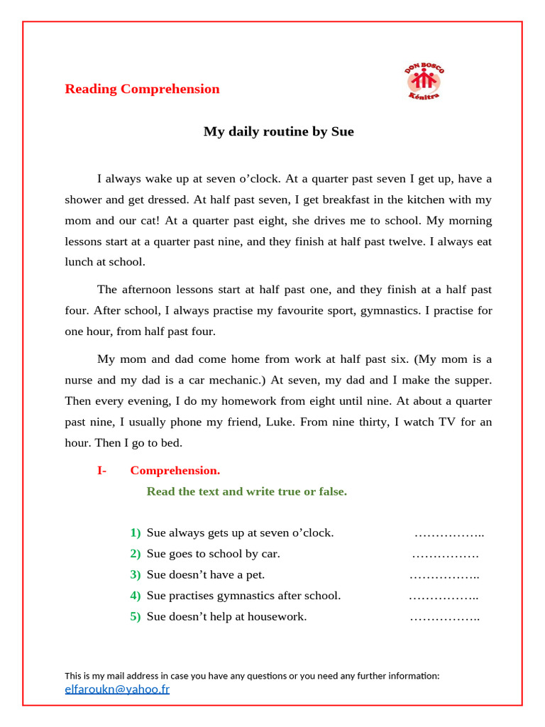 Sue's Daily Routine and Comprehension | PDF | Home & Garden