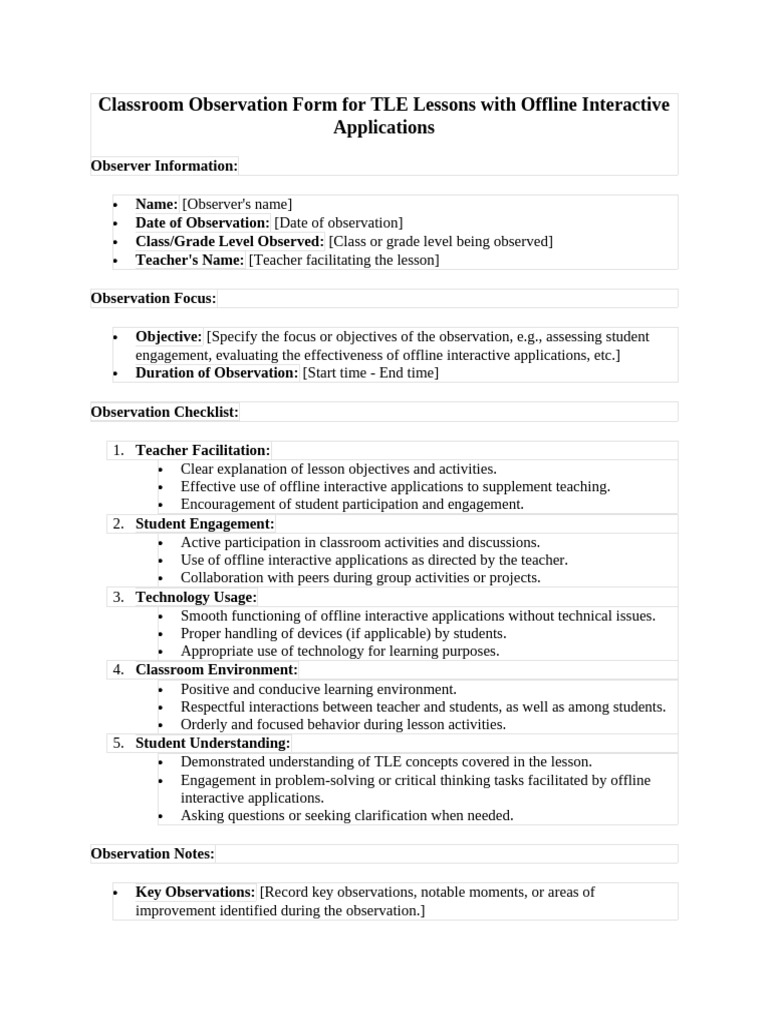 Classroom Observation Form For TLE Lessons With Offline Interactive ...
