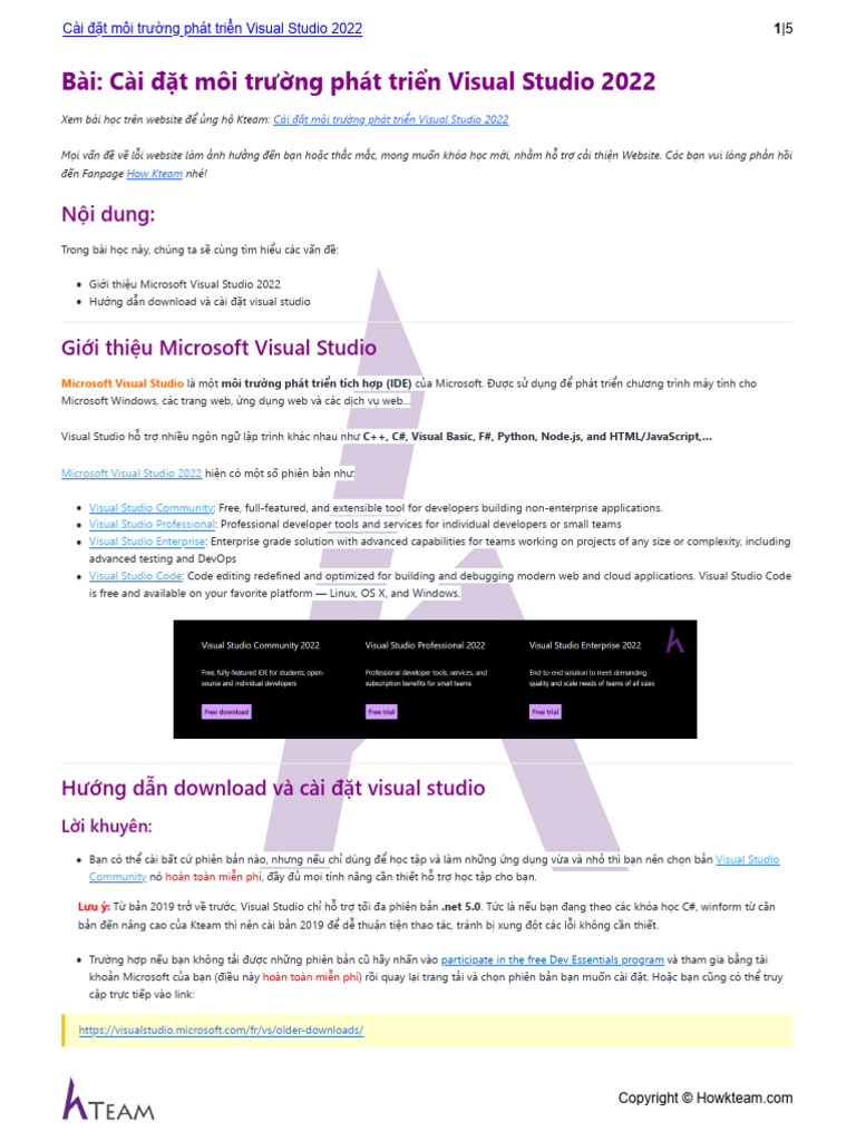 HOWKTEAM - VN - Cài Đặt Môi Trường Phát Triển Visual Studio 2022 | PDF