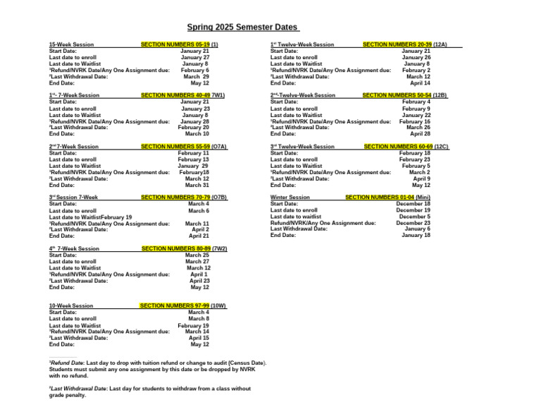 Spring 2025 Session Dates NOL | PDF