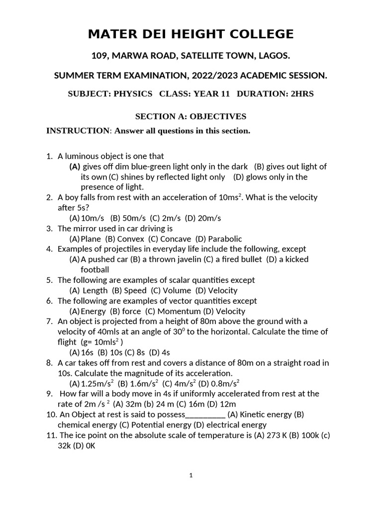 SS2 3RD Term Physics, Mater Dei Height College | PDF | Refraction | Atomic
