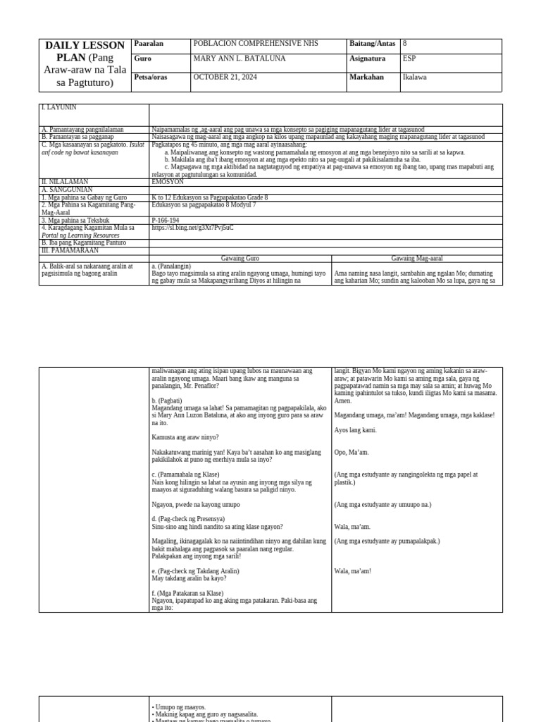 Daily Lesson Plan Esp Modyul 8 Pamumuno | PDF